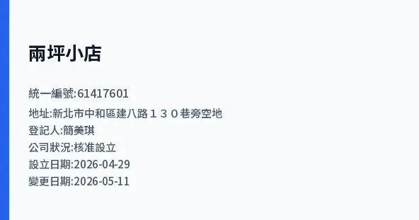 兩坪小店的照片-統編 61417601(新北市) 公司登記資料與營業項目詳細圖表