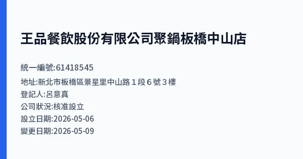 王品餐飲股份有限公司聚鍋板橋中山店的照片-統編 61418545(新北市) 公司登記資料與營業項目詳細圖表