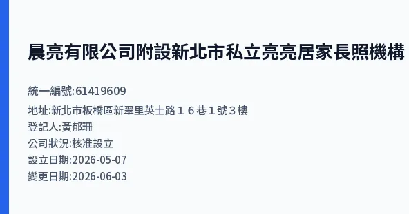 晨亮有限公司附設新北市私立亮亮居家長照機構的照片-統編 61419609(新北市) 公司登記資料與營業項目詳細圖表