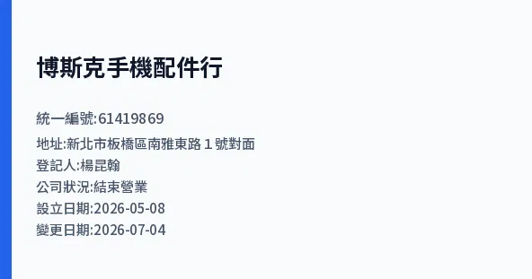 博斯克手機配件行的照片-統編 61419869(新北市) 公司登記資料與營業項目詳細圖表