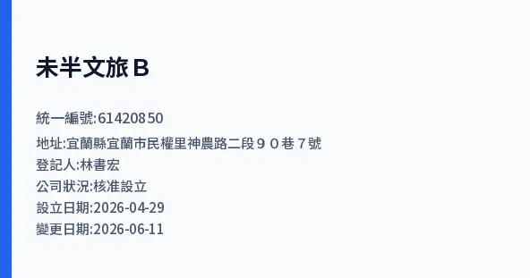 未半文旅B的照片-統編 61420850(宜蘭縣) 公司登記資料與營業項目詳細圖表