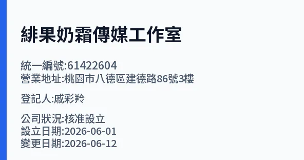 緋果奶霜傳媒工作室的照片-統編 61422604(桃園市) 公司登記資料與營業項目詳細圖表