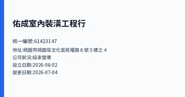 佑成室內裝潢工程行的照片-統編 61423147 公司登記資料與營業項目詳細圖表