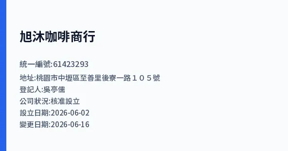 旭沐咖啡商行的照片-統編 61423293(桃園市) 公司登記資料與營業項目詳細圖表