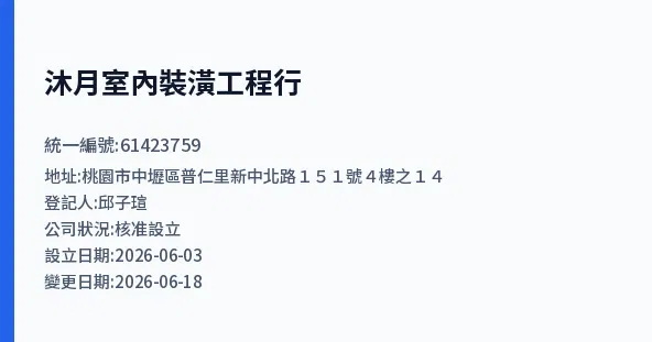 沐月室內裝潢工程行的照片-統編 61423759(桃園市) 公司登記資料與營業項目詳細圖表