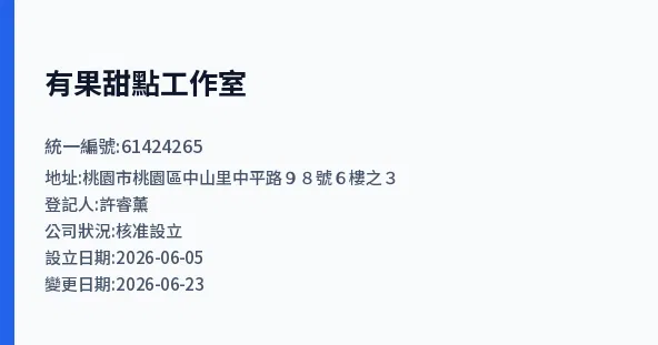 有果甜點工作室的照片-統編 61424265(桃園市) 公司登記資料與營業項目詳細圖表