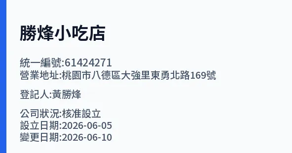 勝烽小吃店的照片-統編 61424271(桃園市) 公司登記資料與營業項目詳細圖表