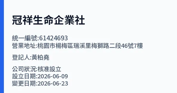 冠祥生命企業社的照片-統編 61424693(桃園市) 公司登記資料與營業項目詳細圖表