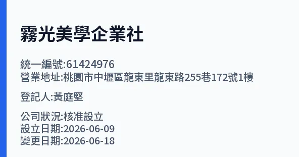 霧光美學企業社的照片-統編 61424976(桃園市) 公司登記資料與營業項目詳細圖表