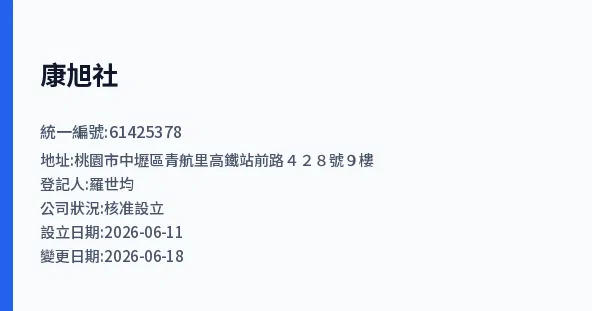 康旭社的照片-統編 61425378(桃園市) 公司登記資料與營業項目詳細圖表