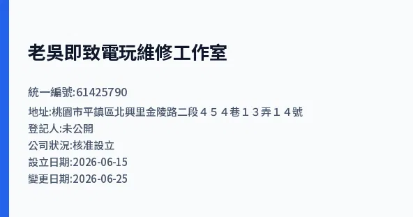 老吳即致電玩維修工作室的照片-統編 61425790(桃園市) 公司登記資料與營業項目詳細圖表