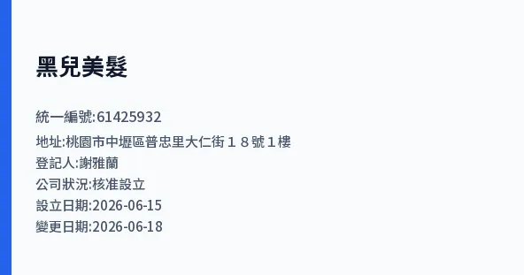 黑兒美髮的照片-統編 61425932(桃園市) 公司登記資料與營業項目詳細圖表