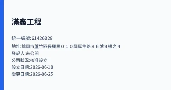 滿鑫工程的照片-統編 61426828(桃園市) 公司登記資料與營業項目詳細圖表