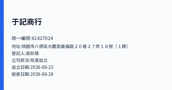 于記商行的照片-統編 61427024(桃園市) 公司登記資料與營業項目詳細圖表