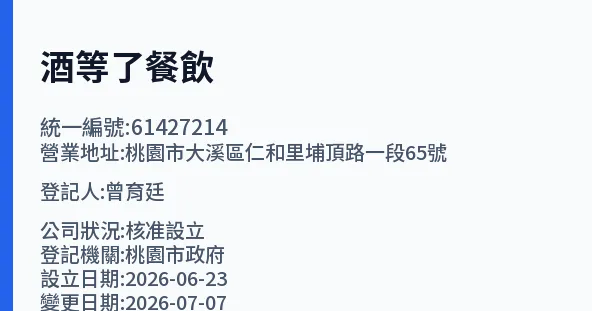 酒等了餐飲的照片-統編 61427214(桃園市) 公司登記資料與營業項目詳細圖表