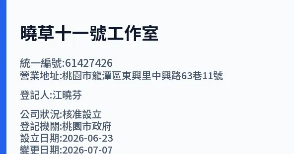 曉草十一號工作室的照片-統編 61427426(桃園市) 公司登記資料與營業項目詳細圖表
