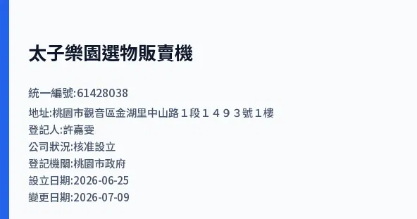 太子樂園選物販賣機的照片-統編 61428038(桃園市) 公司登記資料與營業項目詳細圖表