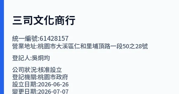 三司文化商行的照片-統編 61428157(桃園市) 公司登記資料與營業項目詳細圖表