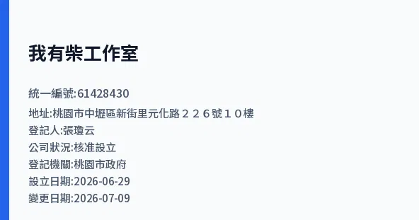 我有柴工作室的照片-統編 61428430(桃園市) 公司登記資料與營業項目詳細圖表