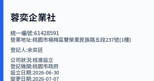 蓉奕企業社的照片-統編 61428591(桃園市) 公司登記資料與營業項目詳細圖表