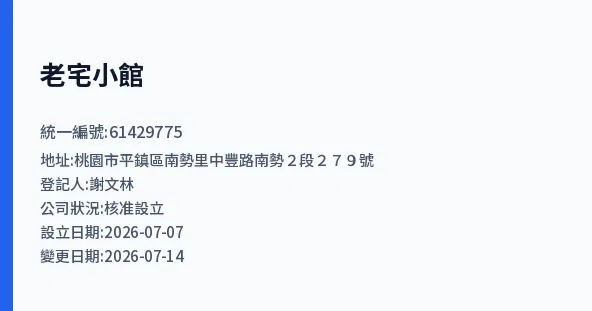 老宅小館的照片-統編 61429775(桃園市) 公司登記資料與營業項目詳細圖表