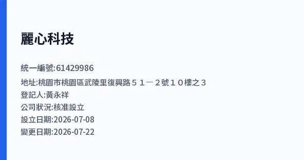 麗心科技的照片-統編 61429986(桃園市) 公司登記資料與營業項目詳細圖表
