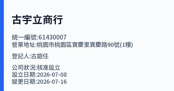 古宇立商行的照片-統編 61430007(桃園市) 公司登記資料與營業項目詳細圖表