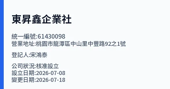 東昇鑫企業社的照片-統編 61430098(桃園市) 公司登記資料與營業項目詳細圖表