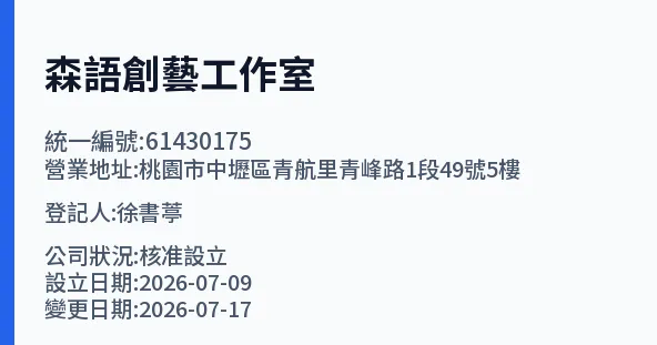森語創藝工作室的照片-統編 61430175(桃園市) 公司登記資料與營業項目詳細圖表