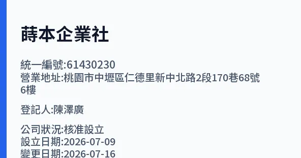 蒔本企業社的照片-統編 61430230(桃園市) 公司登記資料與營業項目詳細圖表