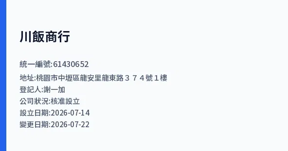 川飯商行的照片-統編 61430652(桃園市) 公司登記資料與營業項目詳細圖表