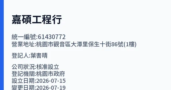 嘉碩工程行的照片-統編 61430772(桃園市) 公司登記資料與營業項目詳細圖表