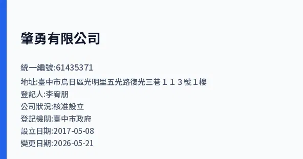 肇勇有限公司的照片-統編 61435371(臺中市) 公司登記資料與營業項目詳細圖表