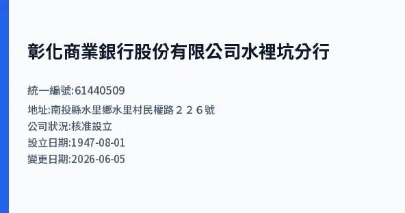 彰化商業銀行股份有限公司水裡坑分行的照片-統編 61440509(南投縣) 公司登記資料與營業項目詳細圖表