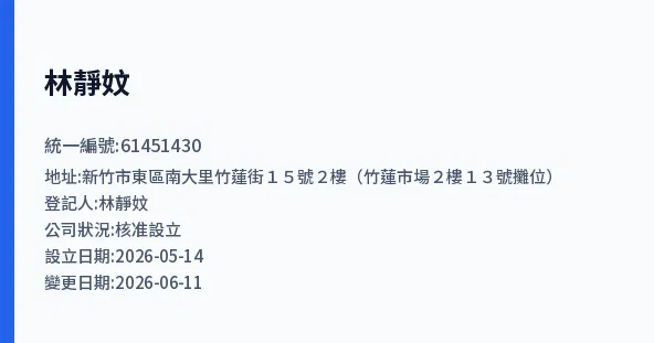 林靜妏的照片-統編 61451430(新竹市) 公司登記資料與營業項目詳細圖表