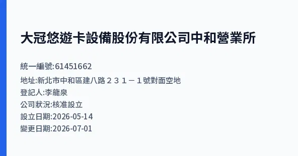 大冠悠遊卡設備股份有限公司中和營業所的照片-統編 61451662(新北市) 公司登記資料與營業項目詳細圖表