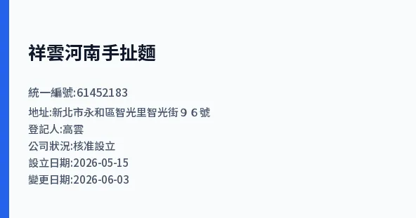 祥雲河南手扯麵的照片-統編 61452183(新北市) 公司登記資料與營業項目詳細圖表