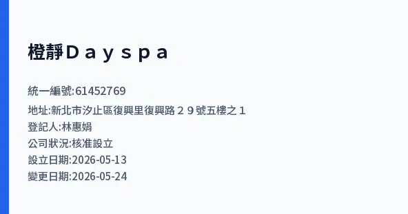 橙靜Day spa的照片-統編 61452769(新北市) 公司登記資料與營業項目詳細圖表