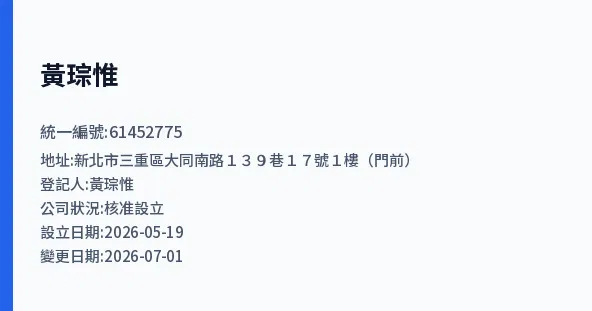 黃琮惟的照片-統編 61452775(新北市) 公司登記資料與營業項目詳細圖表