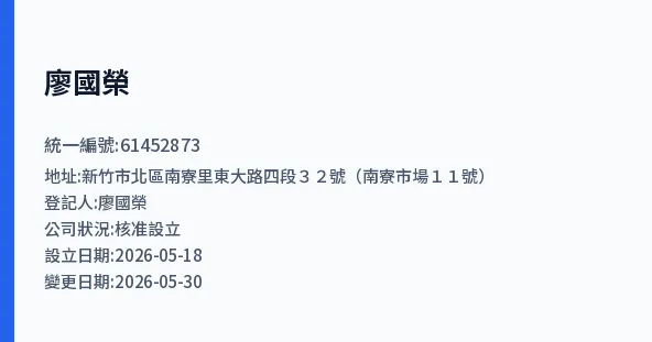 廖國榮的照片-統編 61452873(新竹市) 公司登記資料與營業項目詳細圖表