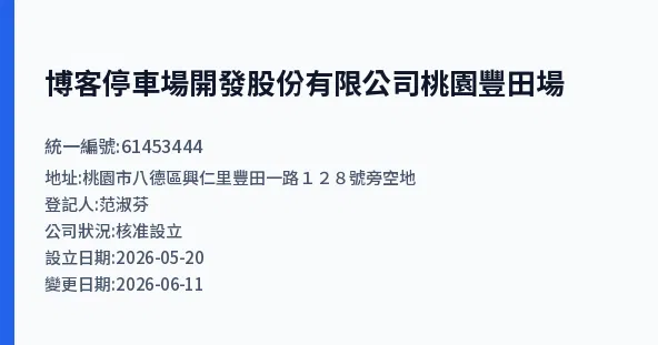 博客停車場開發股份有限公司桃園豐田場的照片-統編 61453444(桃園市) 公司登記資料與營業項目詳細圖表