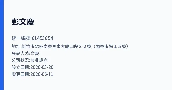 彭文慶的照片-統編 61453654(新竹市) 公司登記資料與營業項目詳細圖表