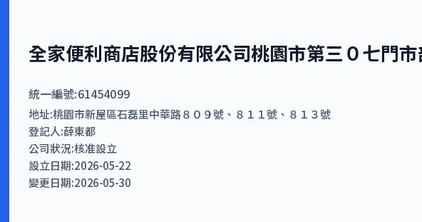 全家便利商店股份有限公司桃園市第三0七門市部的照片-統編 61454099(桃園市) 公司登記資料與營業項目詳細圖表