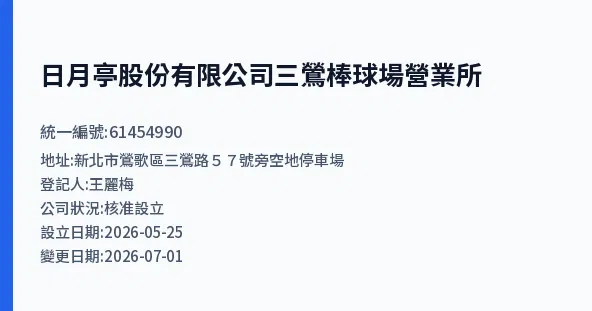 日月亭股份有限公司三鶯棒球場營業所的照片-統編 61454990(新北市) 公司登記資料與營業項目詳細圖表
