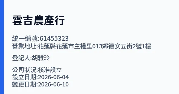 雲吉農產行的照片-統編 61455323(花蓮縣) 公司登記資料與營業項目詳細圖表