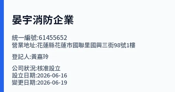 晏宇消防企業的照片-統編 61455652(花蓮縣) 公司登記資料與營業項目詳細圖表