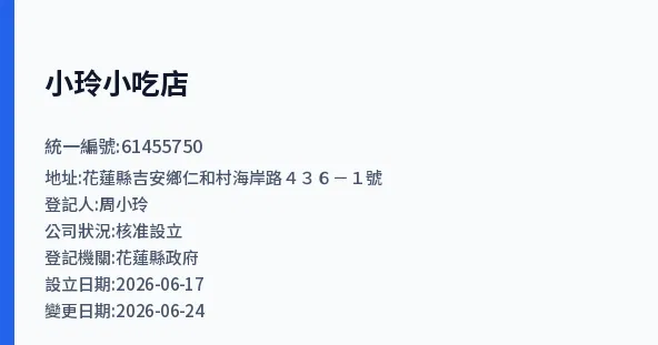 小玲小吃店的照片-統編 61455750(花蓮縣) 公司登記資料與營業項目詳細圖表
