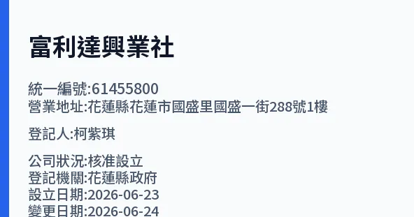 富利達興業社的照片-統編 61455800(花蓮縣) 公司登記資料與營業項目詳細圖表