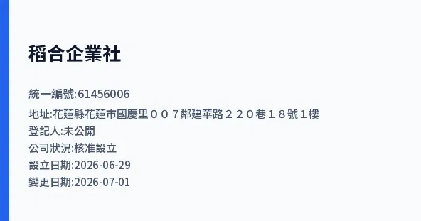 稻合企業社的照片-統編 61456006(花蓮縣) 公司登記資料與營業項目詳細圖表