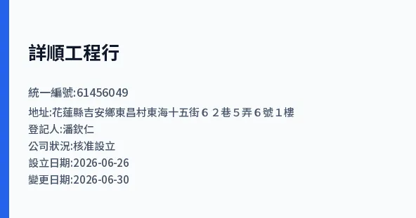 詳順工程行的照片-統編 61456049(花蓮縣) 公司登記資料與營業項目詳細圖表